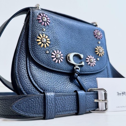 Coach Remi Tabby Floral Saddle Bag Navy Blue Leather Women Used ...