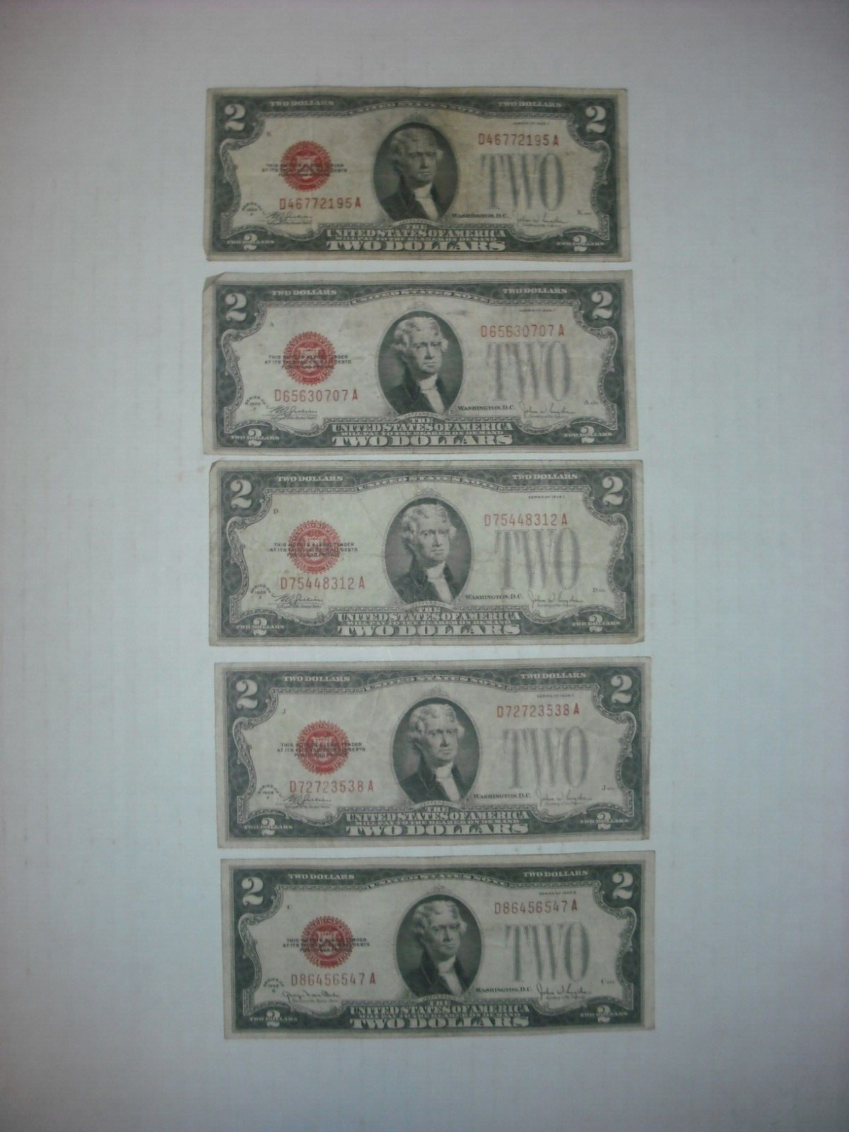 1 LOT OF 5 - 1928 A Two Dollar Bills Red Seals and Numbers - LOT#3 | eBay