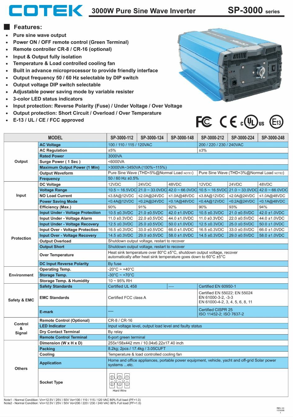 Cotek SP-3000-148 Pure Sine Wave Inverter High Frequency 48VDC 120VAC 3000W | eBay