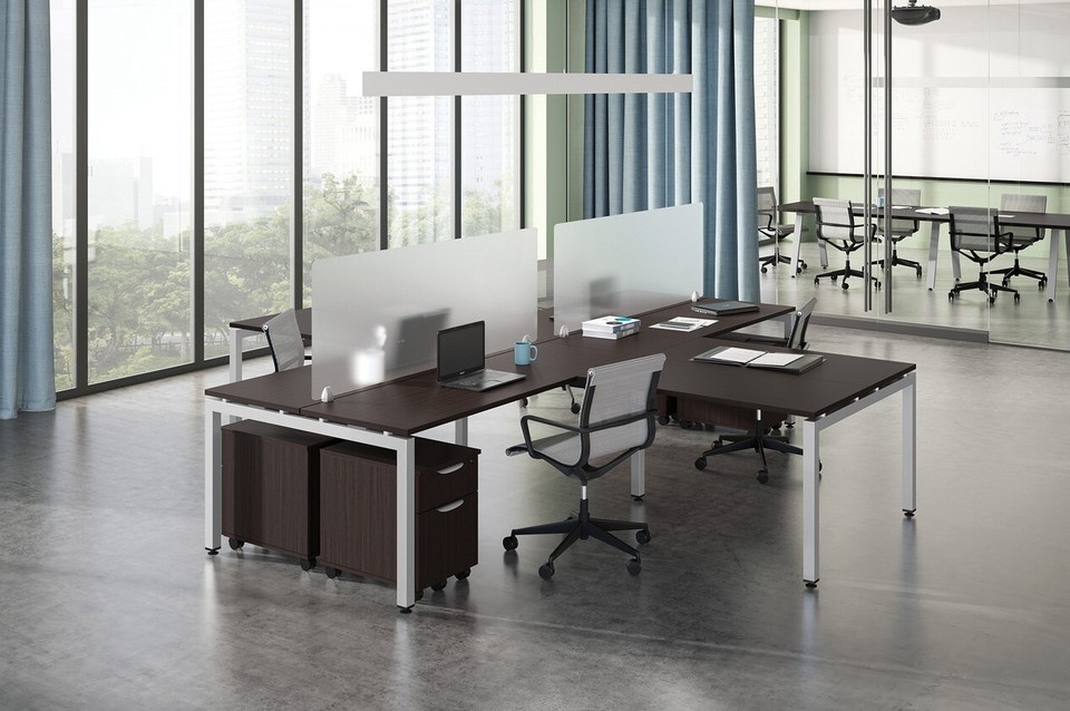 4 Person L Shaped Desk Workstation with Privacy Panels and Drawers Many ...