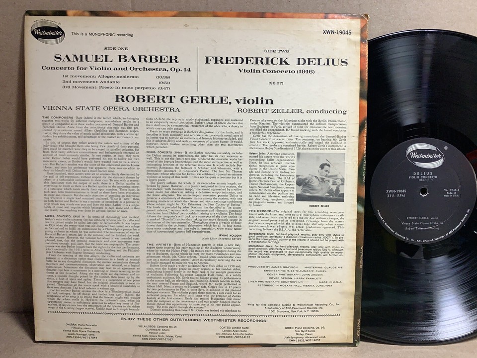 Robert Gerle BARBER / DELIUS Violin Concerti WESTMINSTER XWN 19045 mono ...