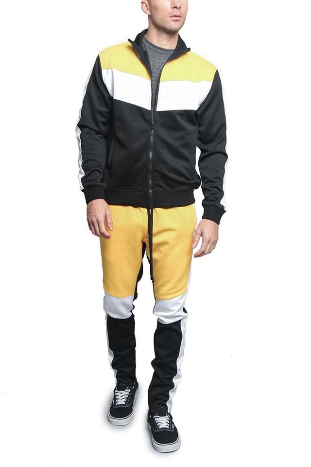 Men's Sports Jogging Fashion Workout Tri Color Blocked TrackSuit S~5XL ...