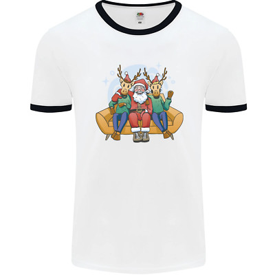 Santa Claus Chilling With Reindeers Christmas Xmas Mens Ringer T-Shirt ...