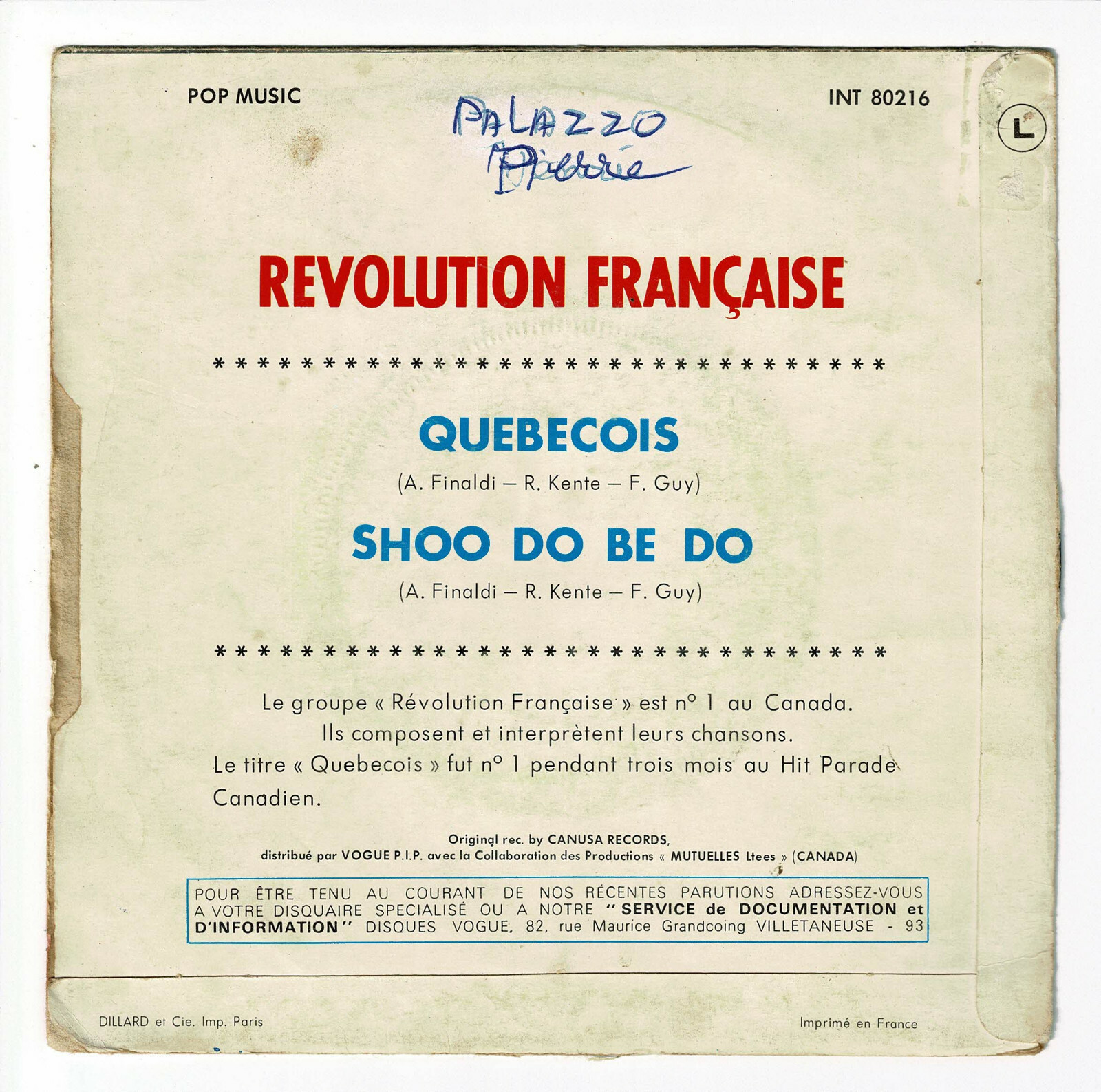 REVOLUTION FRANCAISE Vinyle 45T 7" SP QUEBECOIS - SHOO DO BE DO -POP ...