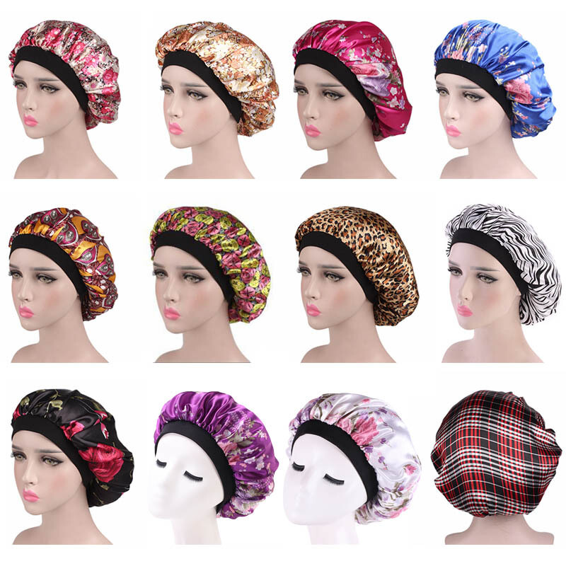 US Women Satin Night Sleep Cap Hair Bonnet Hat Silk Head Cover Wide ...
