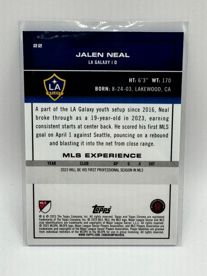 2023 Topps Chrome MLS Jalen Neal Blue Wave Refractor /199 Rookie #22 ...