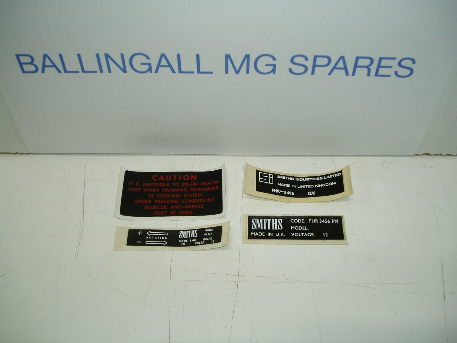 408-365 MG MGB SMITHS DECALS X 4 CAUTION,MADE UK ,ROTATION & INDUSTRIAL ...