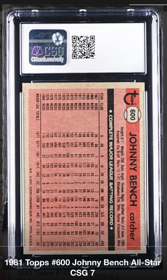 1981 Topps - #600 Johnny Bench. CSG 7 Near Mint | eBay