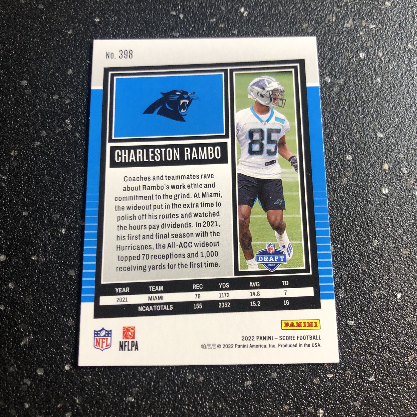 Charleston Rambo RC 2022 Panini Score Football #398 NFL Carolina ...