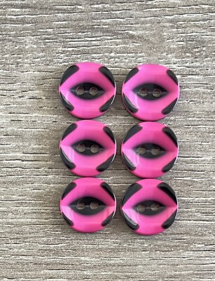 6 X Hot Pink and Black cats eye centre pattern Round Buttons 2 holes ...