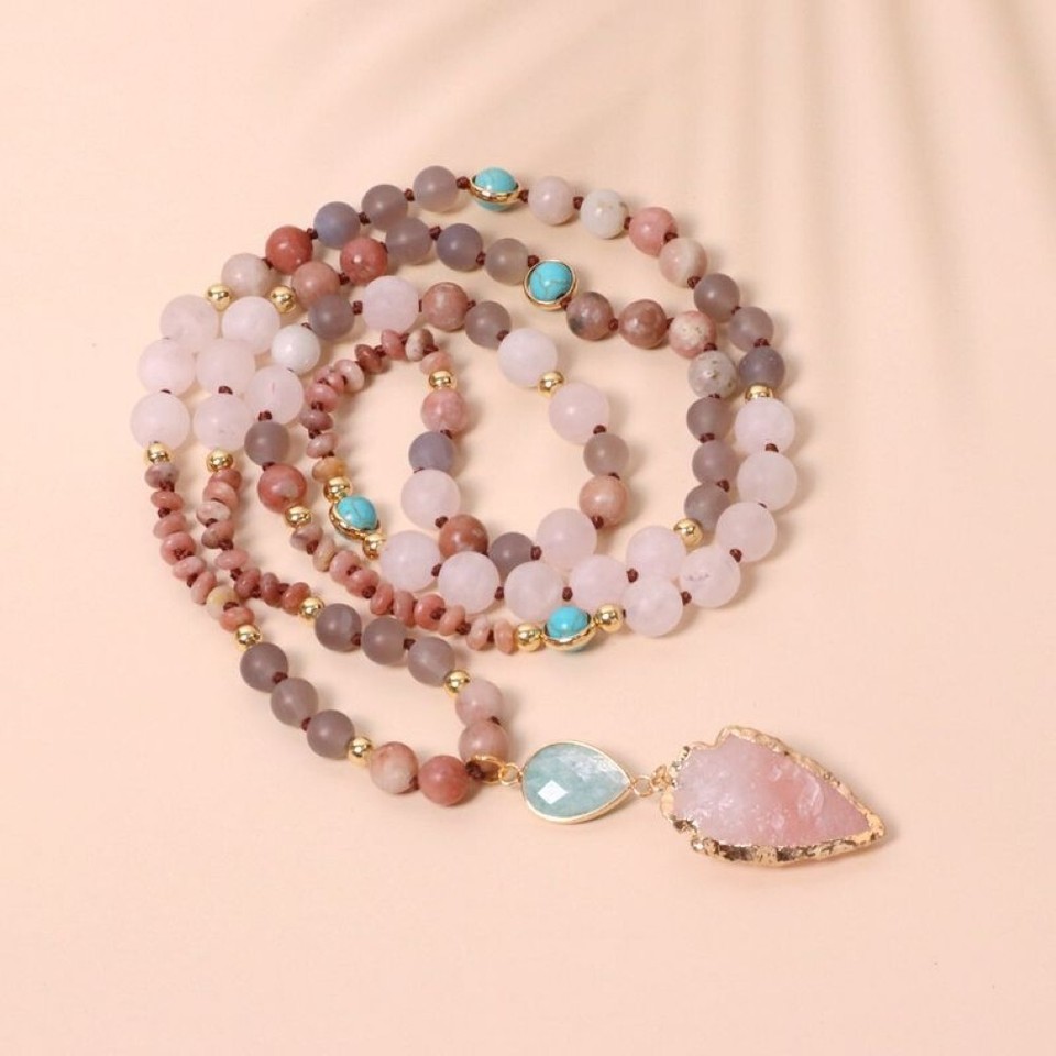 Natural Raw Rose Quartz Arrowhead Turquoise Jewelry Mala Beads Pendant ...