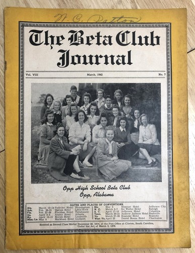 1942 Beta Club Journal OPP ALABAMA High School, March Vol III No 7 | eBay