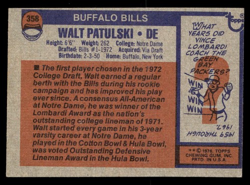 Walt Patulski 1976 Topps Card #358 Buffalo Bills | eBay