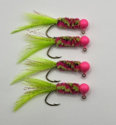 Hand Tied Feather Tail Crappie Jigs Atomic Chicken & Chartreuse 1/16th ...