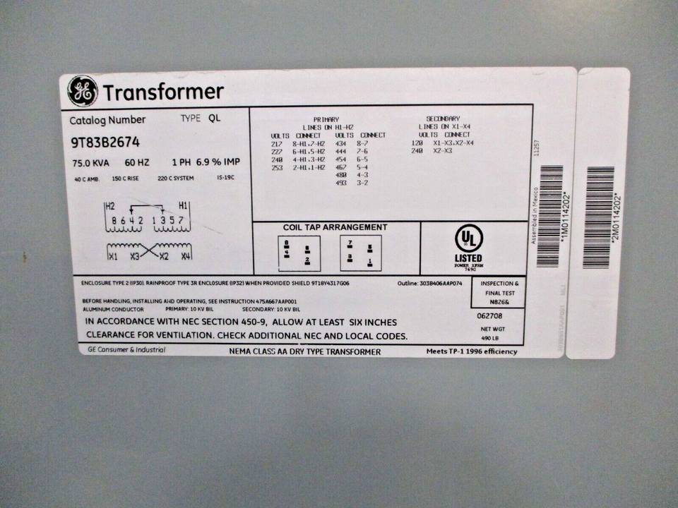 GE 9T83B2674 Transformer 75.0 KVA 1 Phase 217-493 PRI 120/240 2ND VAC ...