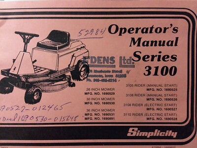 Simplicity 3105 3108 3110 RER Riding Lawn Mower Tractor Owners Manual ...