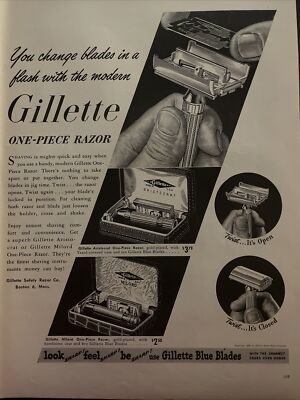 1947 vintage Gillette print ad. Gillette one piece razor! | eBay