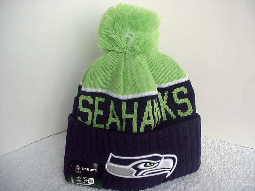 Seattle Seahawks Knit Pom-Top Cap Team Logo Fleece Lining Authentic ...
