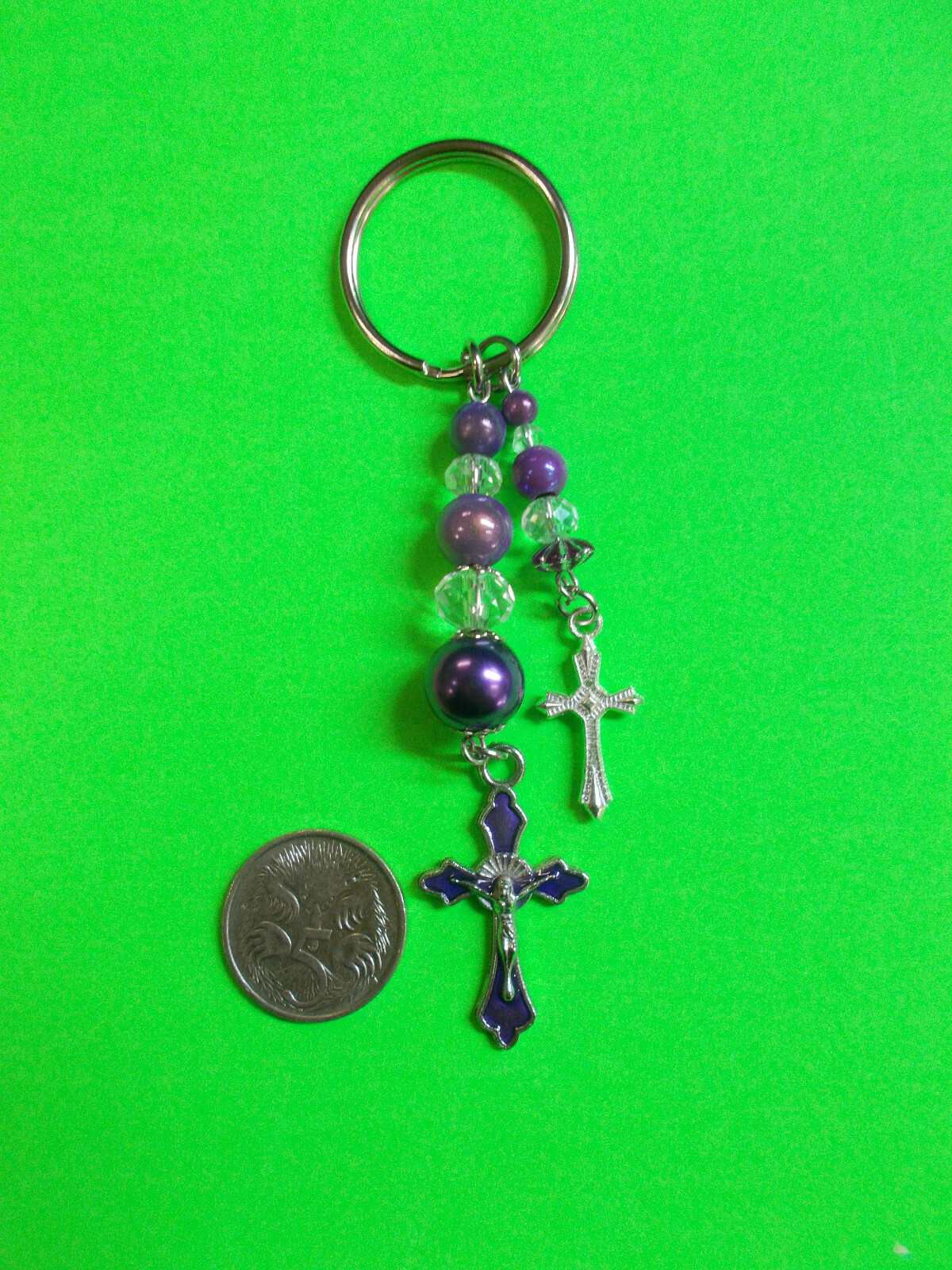 LOVELY ENAMEL CROSS CHARM ON A CRYSTAL BEAD KEY RING NICE PURPLE 9 1/2 ...