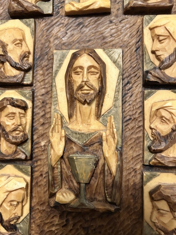 hand carved wooden wall plaque W Jesus & The 12 Disciples Individual ...