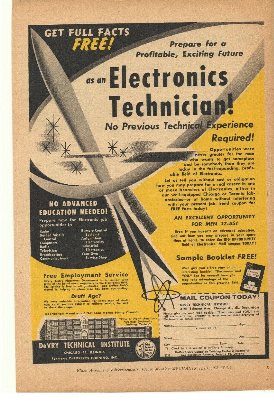 1958 DeVry Technical Institute Electronics Technician Advertisement ...