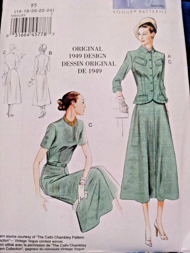 Vintage Vogue 1940's Circa '49 Repro Suit, Jacket & Dress Pattern V9052 Sz 16-24 | eBay
