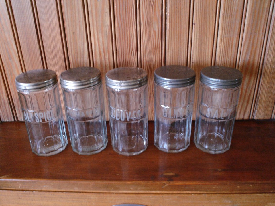 ANTIQUE HOOSIER LARGE SPICE JARS & WIRE RACK, RARE, ETCHED "COLONIAL ...