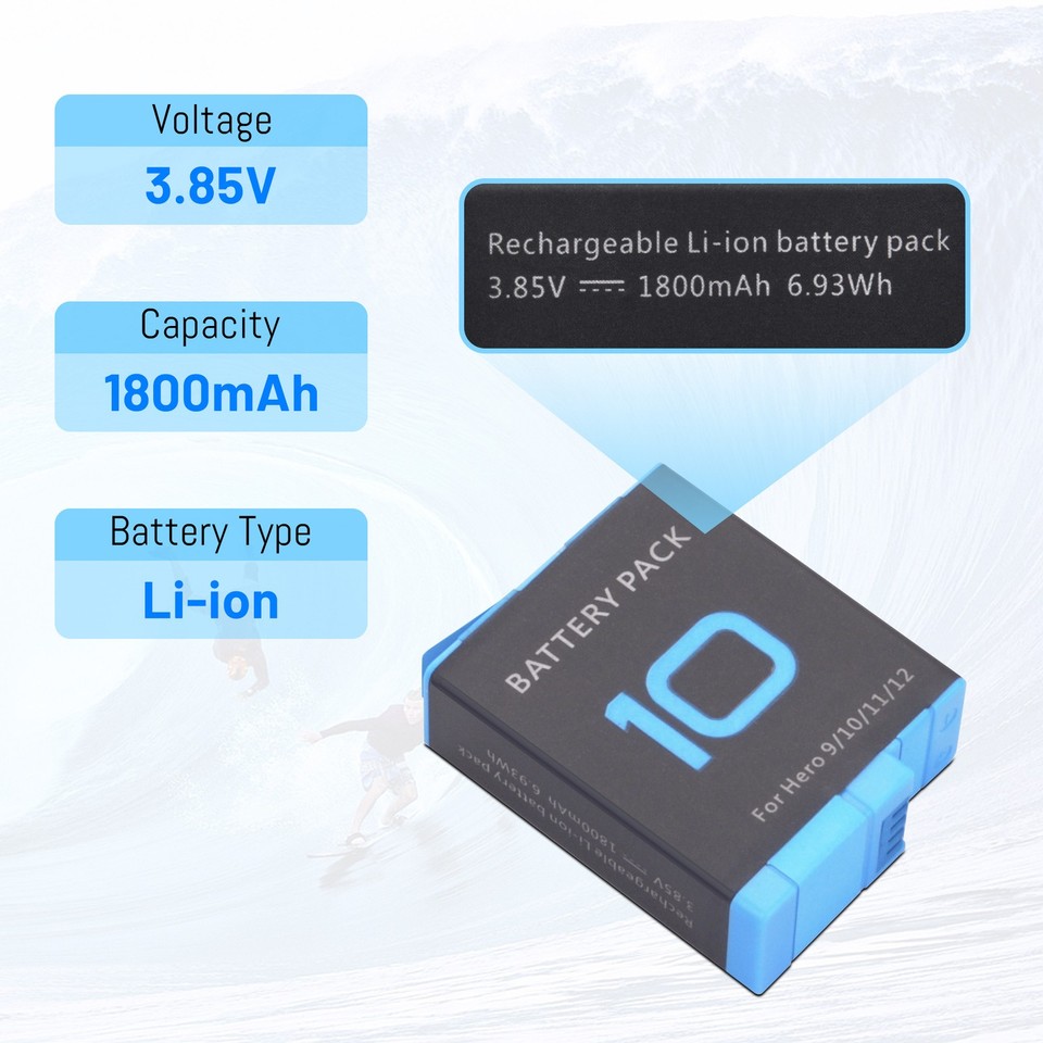 3-Pack Hero 10 Batteries for GoPro Hero 12, Hero 11, Hero 10, Hero 9 ...