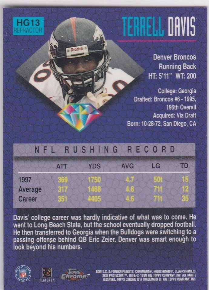 TERRELL DAVIS 1998 Topps Chrome RARE REFRACTOR $$ FOOTBALL Card Denver ...