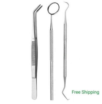 3Pcs Basic Dental Instruments Set Mouth Mirror Explorer #4 Cotton Plain ...