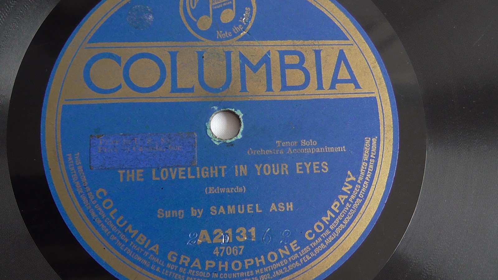 Samuel Ash - 78rpm single 10-inch – Columbia #A2131 The Lovelight In ...