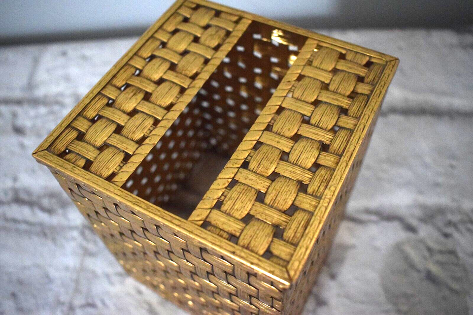 Stylebuilt Basket Weave Tissue Box Cover Gold Metal Square Hollywood ...