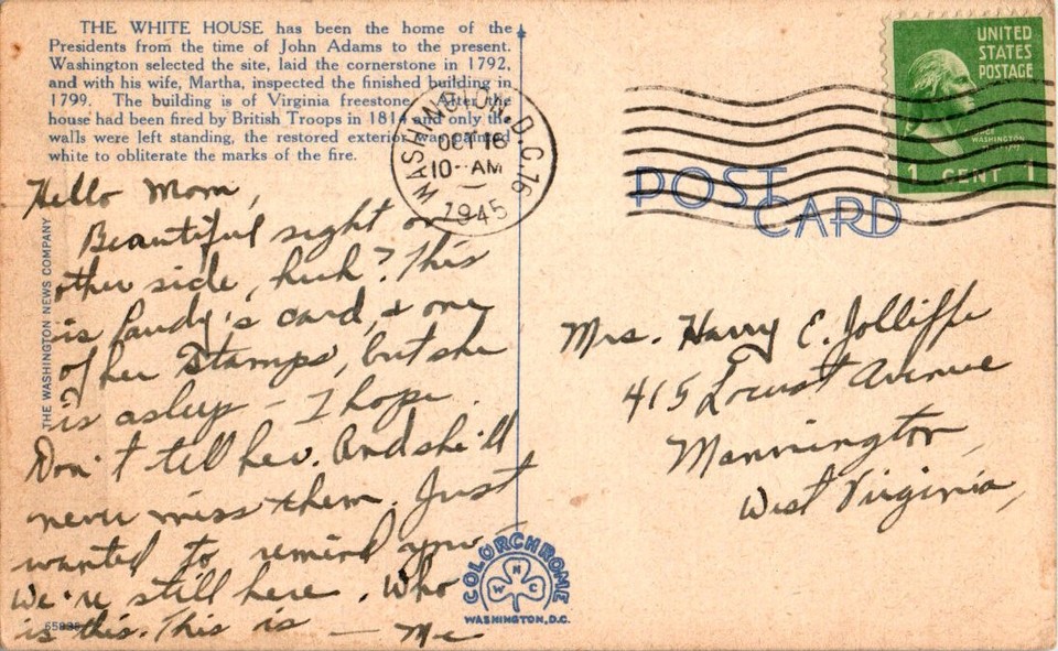 White House postcard. Cancel 1945 Washington, D. C. | eBay