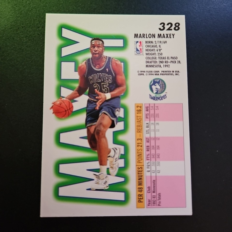 1993-94 Fleer #328 Marlon Maxey Minnesota Timberwolves Basketball NBA ...