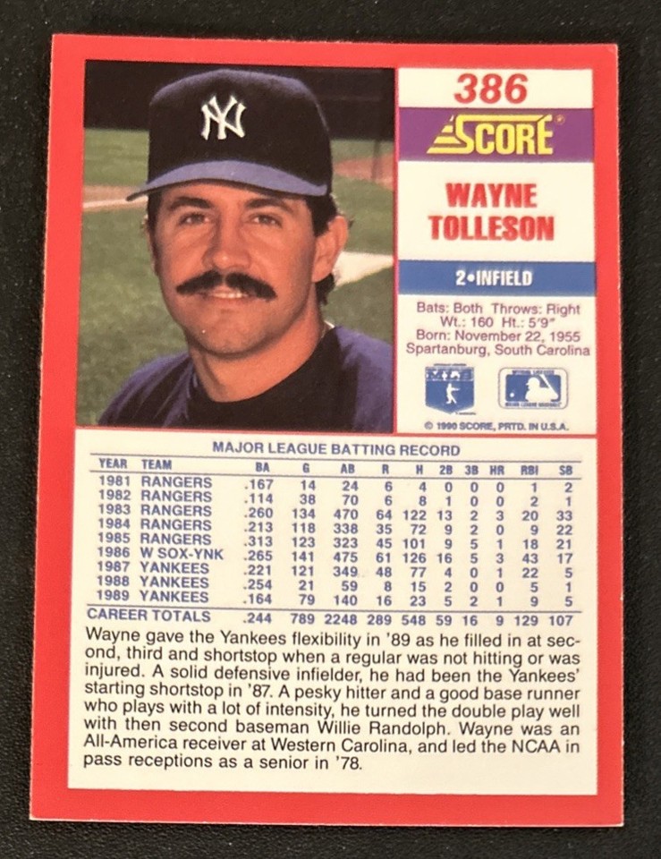 1990 Score Wayne Tolleson Baseball Card #386 Yankees IF VG O/C | eBay