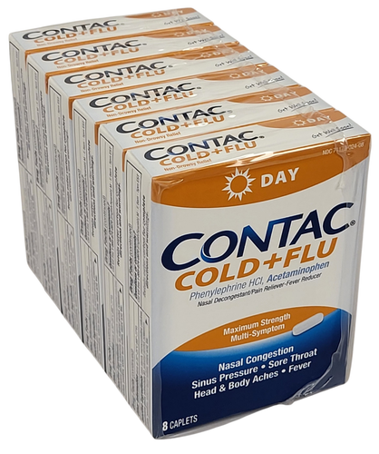 (6 BOXES) CONTAC Cold+Flu DAY Maximum Strength Multi Symptom 8 CAPLETS ...