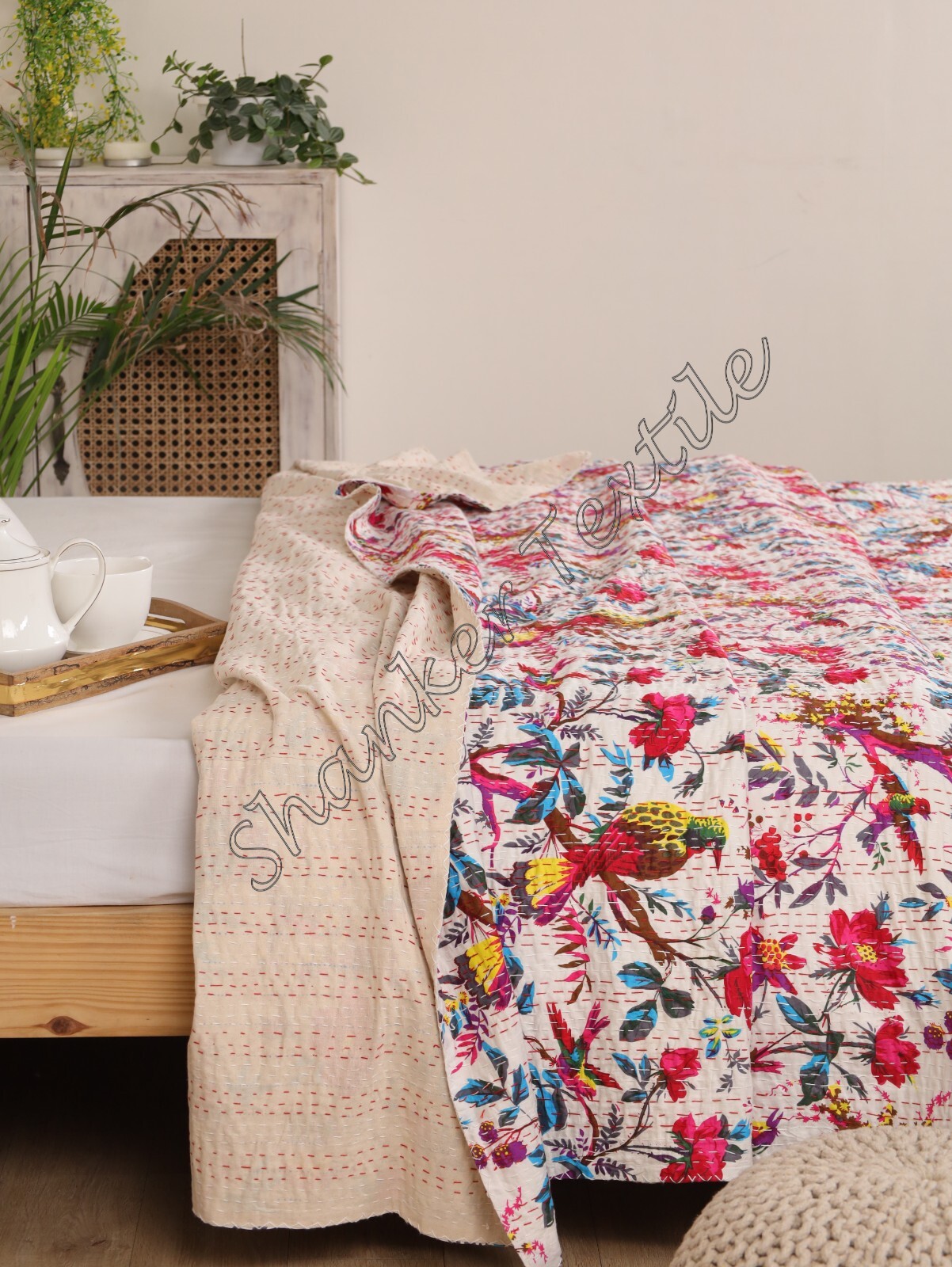 Bird Of Paradise Hand Printed Kantha Quilt Blanket Bedspread Bird Print ...