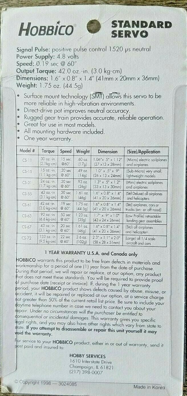 NEW! Hobbico Command CS-61 Standard Servo HCAM1100-FUTABA J Plug ...