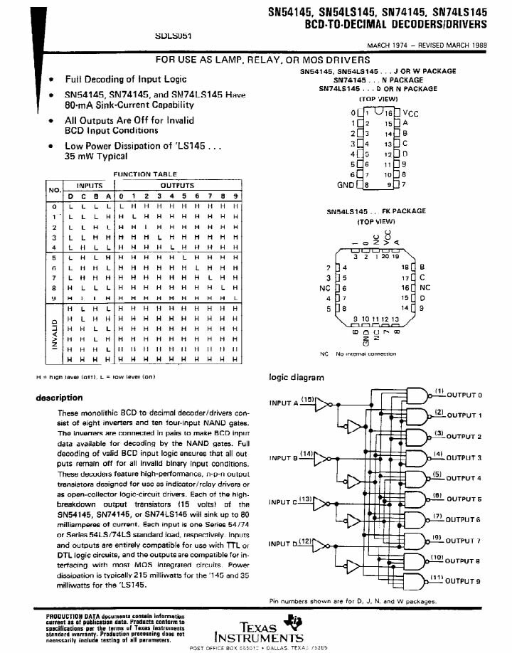 SN74LS145N BCD-to-Decimal Decoder/Driver 74LS145 IC (2 pieces) | eBay UK