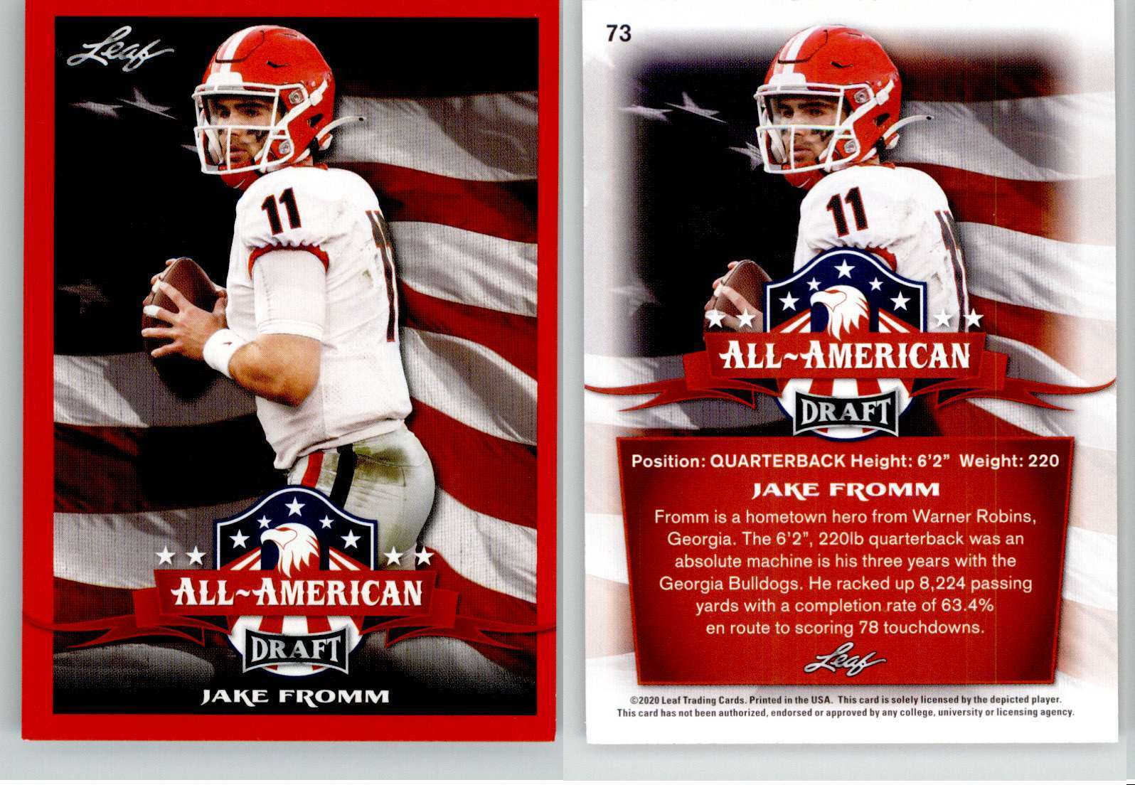 Jake Fromm 2020 Leaf Draft All-American Red #73 Georgia Bills RC Rookie ...