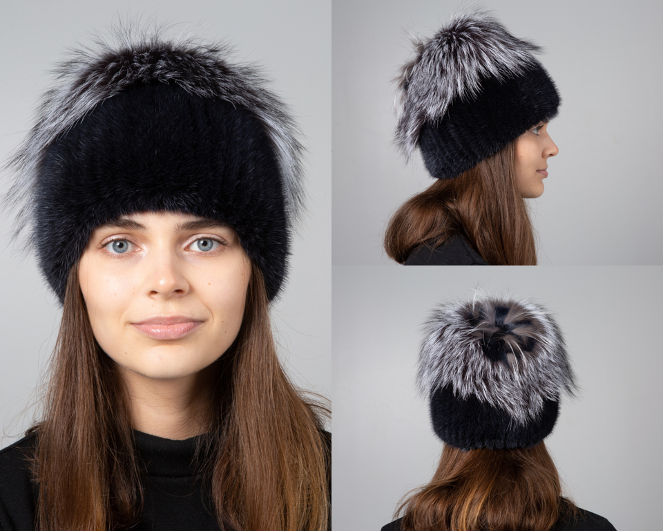 Womens Real Mink Fur Hat with Silver Fox Knit Winter Fur Hat Luxury ...