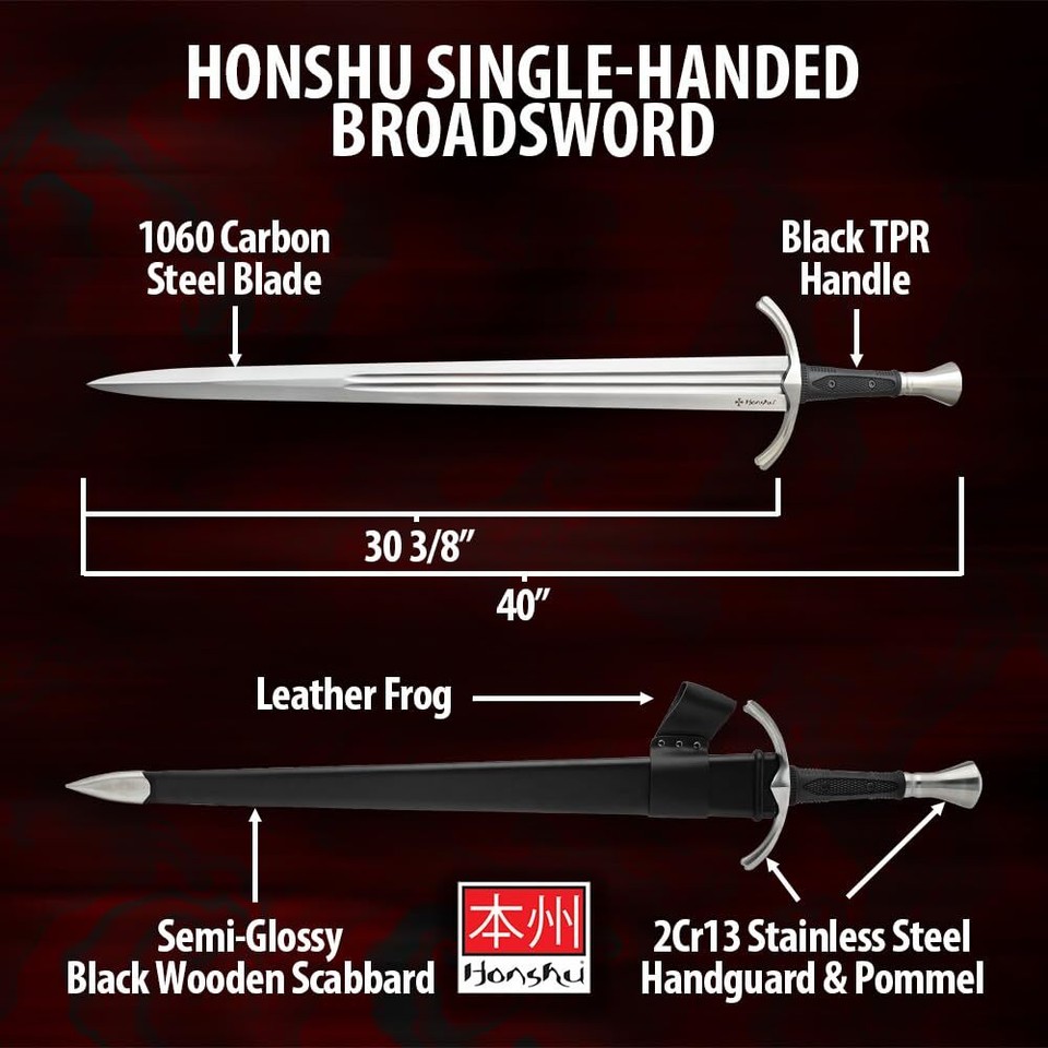 Honshu Single-Handed Broadsword | 1060 Carbon Steel Blade | Black TPR ...