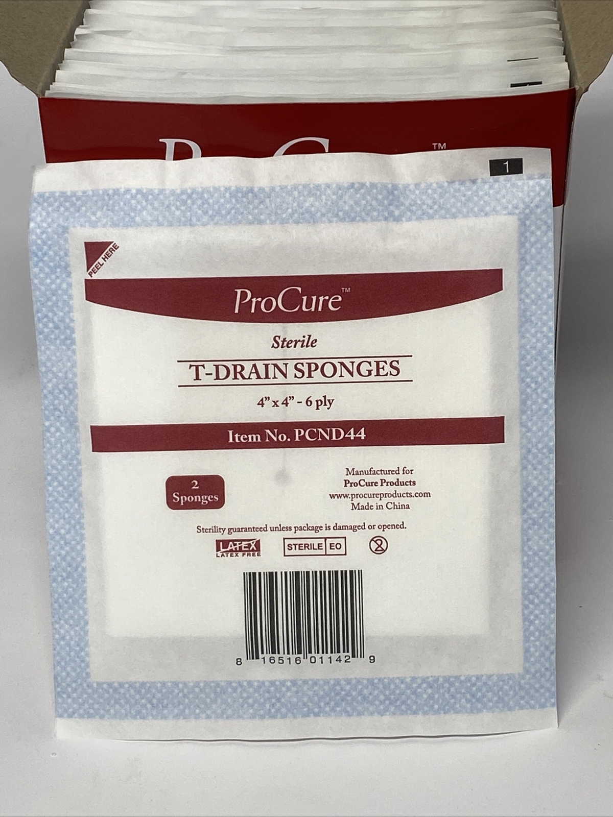 Procure Latex Sterile T-Drain Sponges 4"x4" 6 Ply # PCND44 25 Packets 2 ...