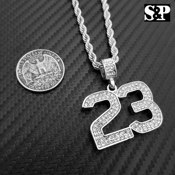 Iced Number 23 & Jersey Pendant & 4mm 24" Rope Chain Fashion Hip Hop ...