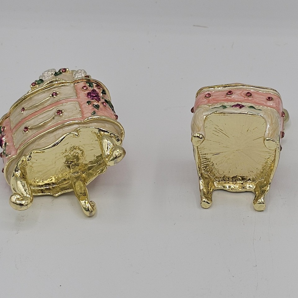 Vanity Chair Trinket Box Set Pink Enamel Roses Rhinestone Gold Tone ...