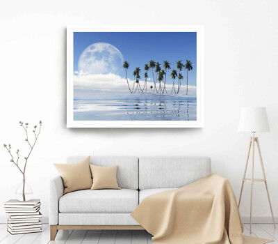 Big Moon Print, Clouds Wall Art, Palm Island Framed Beach Wall Art ...