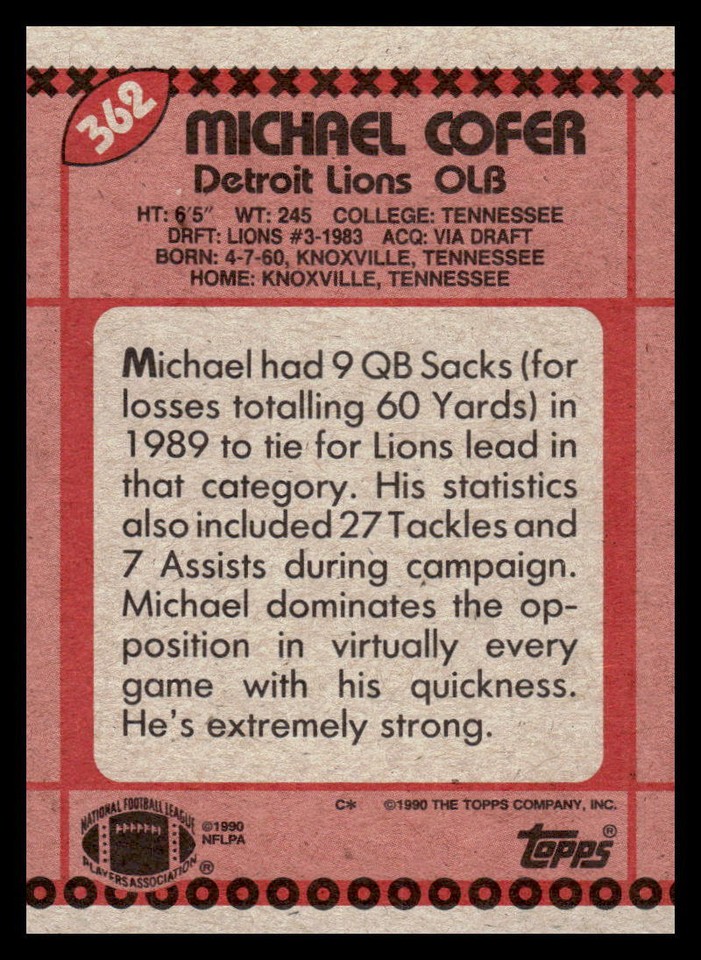 1990 Topps Michael Cofer #362 Detroit Lions Football Card | eBay