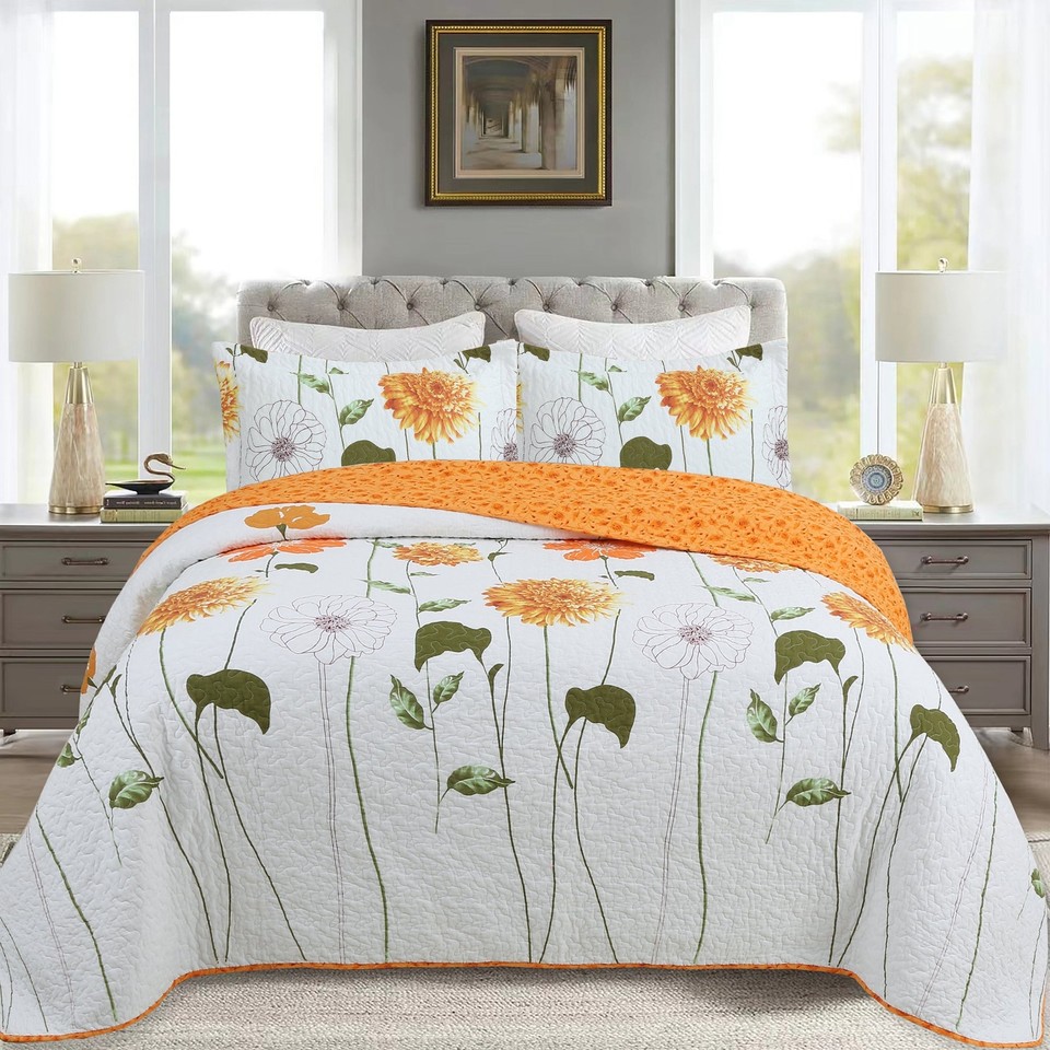 3 Piece Soft Cotton Printed Sunflower Quilt Set Lightweight Bedspread ...
