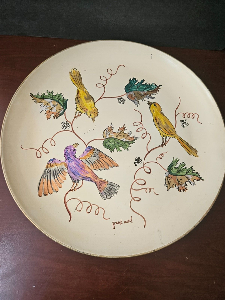 VINTAGE SIGNED FRANK NEAL PAINTING METAL BIRDS WALL PLAQUE TRAY 20 1/8 ...