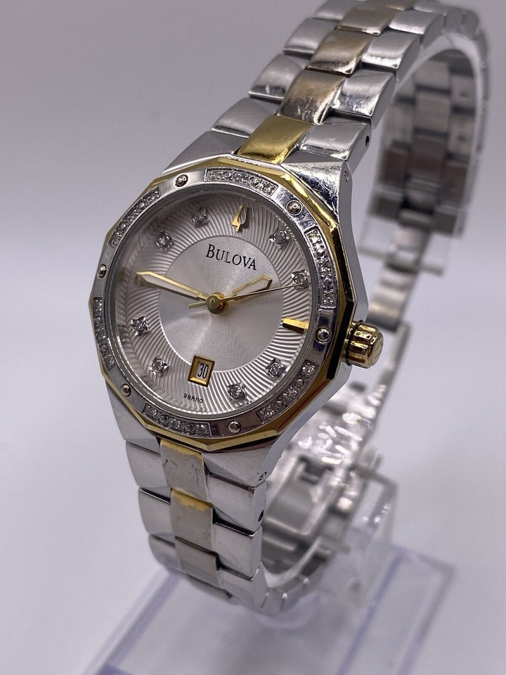 Bulova Woman’s Two Tone Stainless Steel Diamond Date Dial Wrist Watch ...